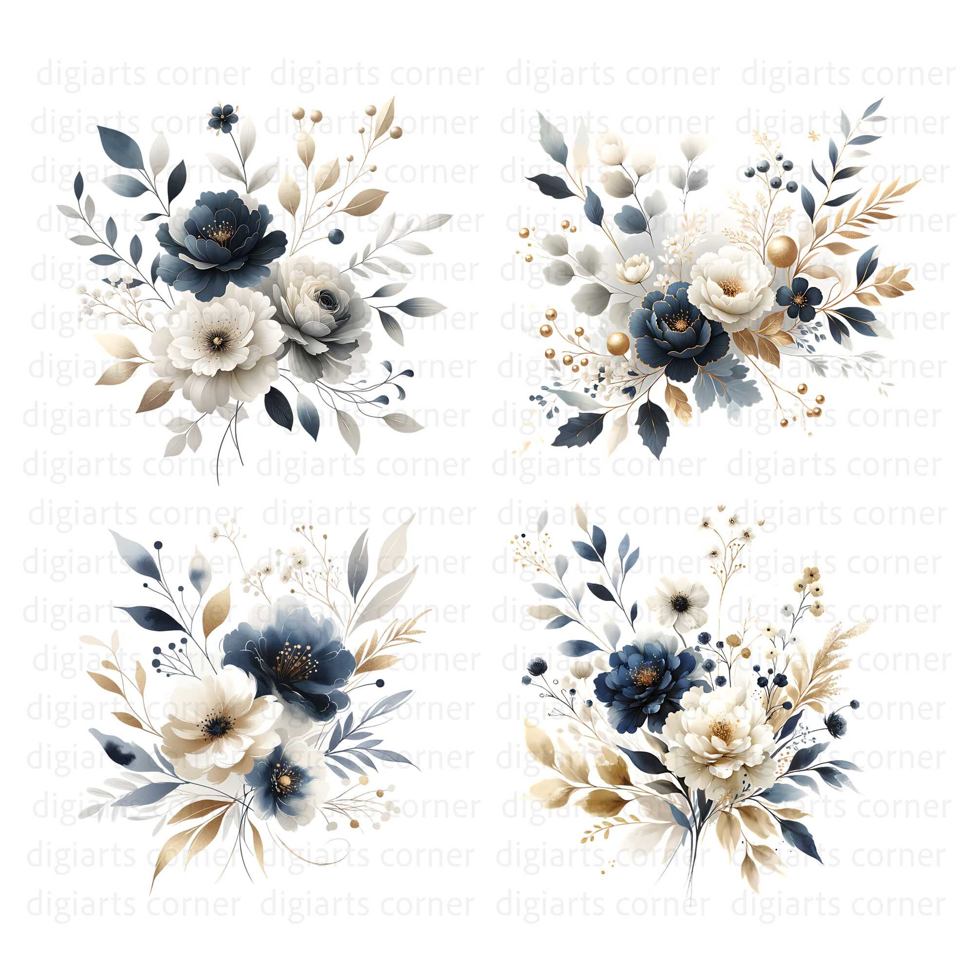 Navy Gold Flowers PNG, Watercolour Blue Floral Clipart, Navy Floral ...