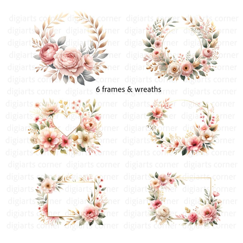 Pink Gold Flowers Watercolor Clipart, Boho Flower Bunch, Blush Pink ...
