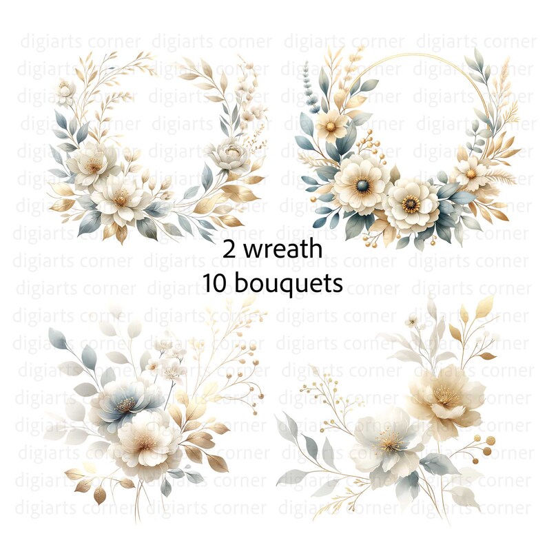 Ivory Gold Flowers PNG, Watercolour Floral Clipart, Ivory Floral Wreath ...