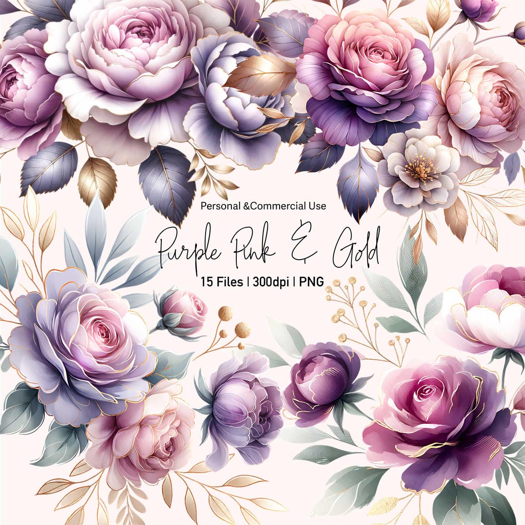 Purple Gold Flowers PNG, Floral Watercolour Clipart, Purple Pink Roses Bouquet, Wreath ...