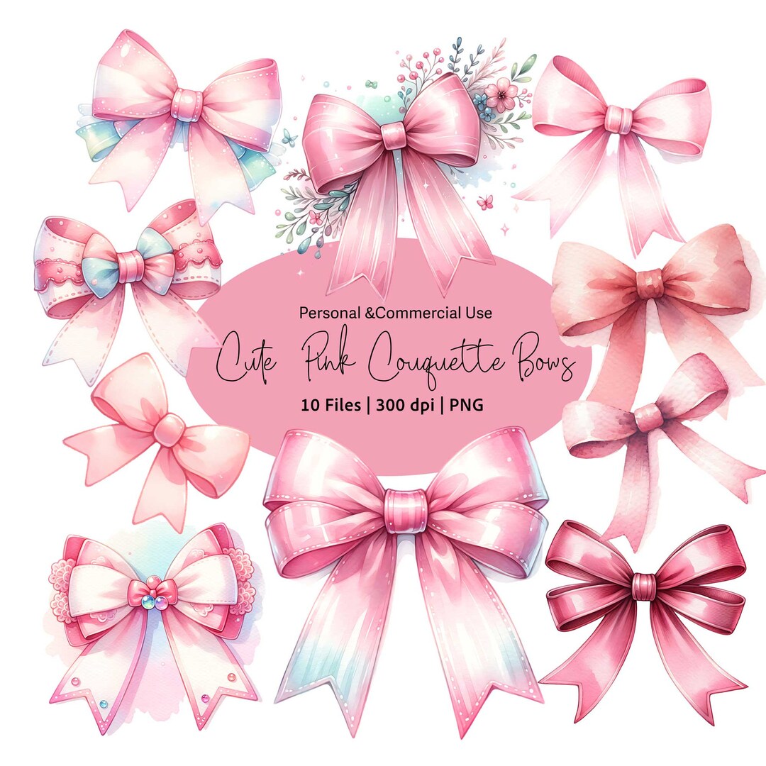 Pink Watercolor Bows Clipart: Coquette Ribbon Bundle (PNG Digital ...
