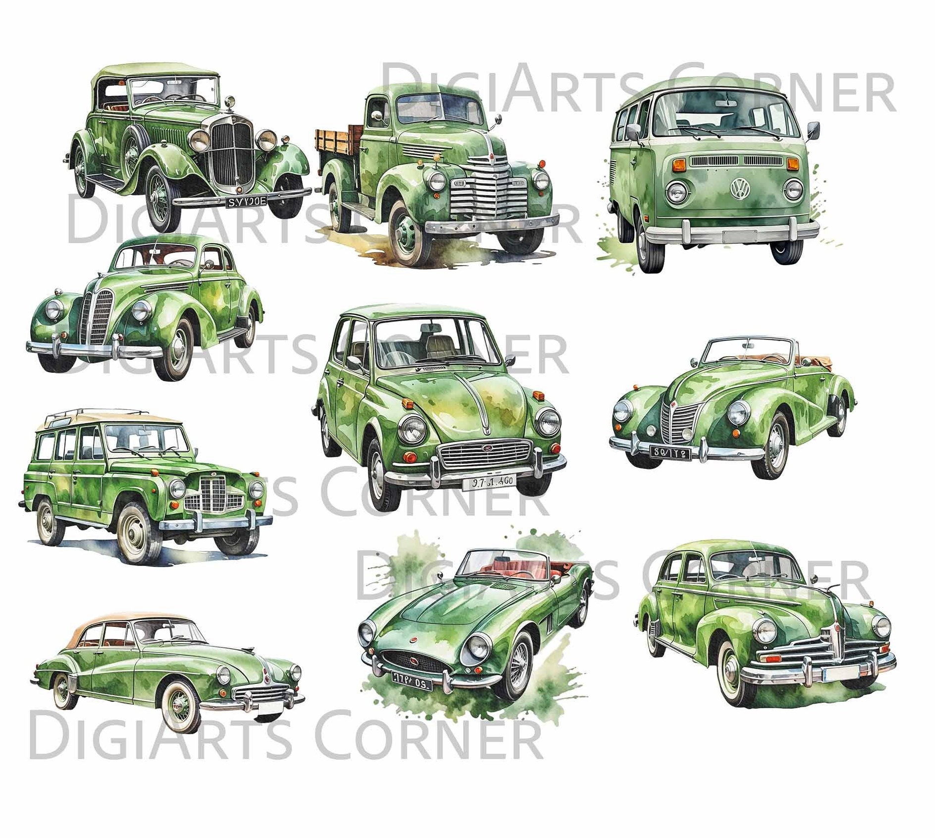 Vintage Car Watercolor Clipart Bundle, Set of 10 Classic Cars ...
