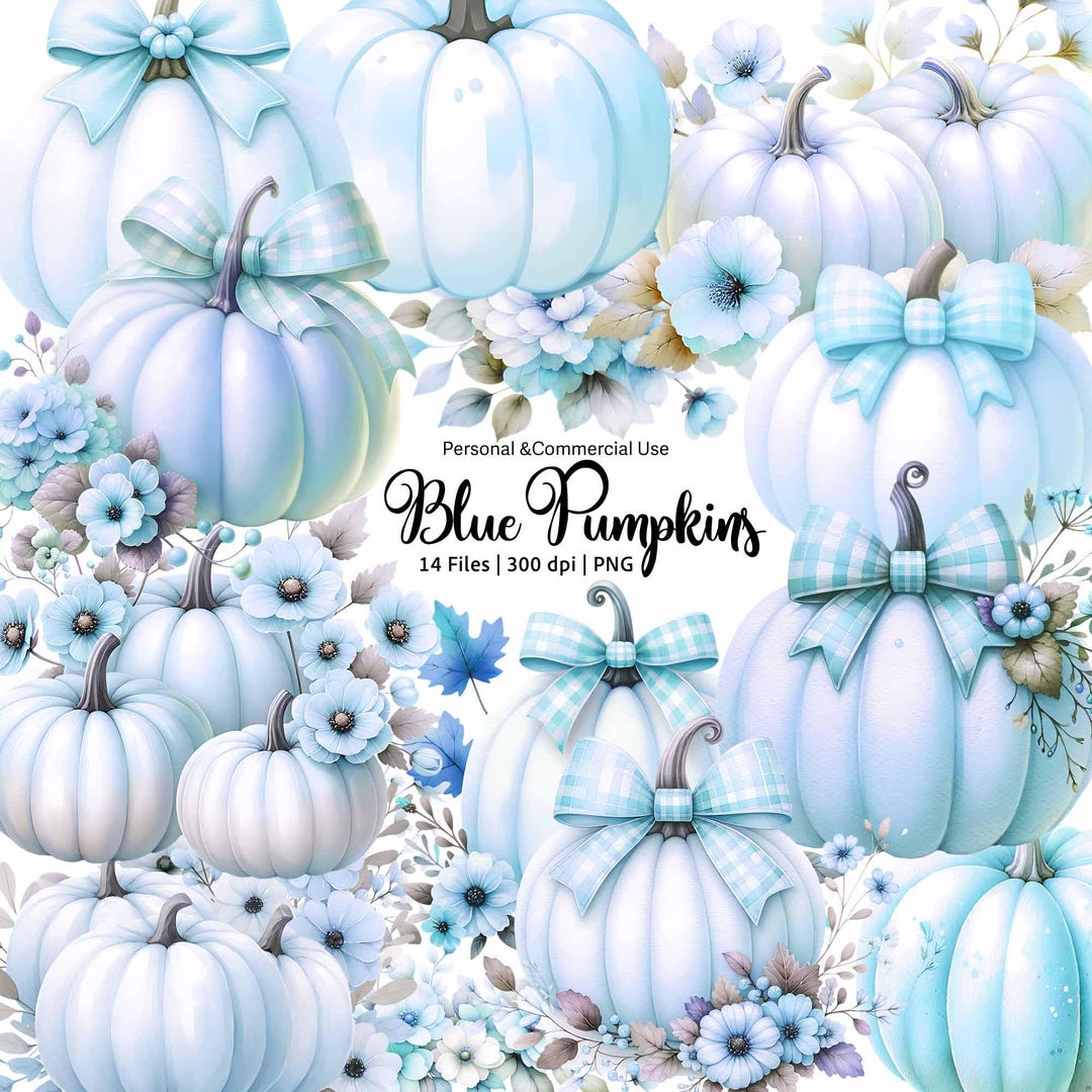 Blue Pumpkin Clipart, Watercolour Pumpkin, Pastel Blue Pumpkin PNG, Bow ...
