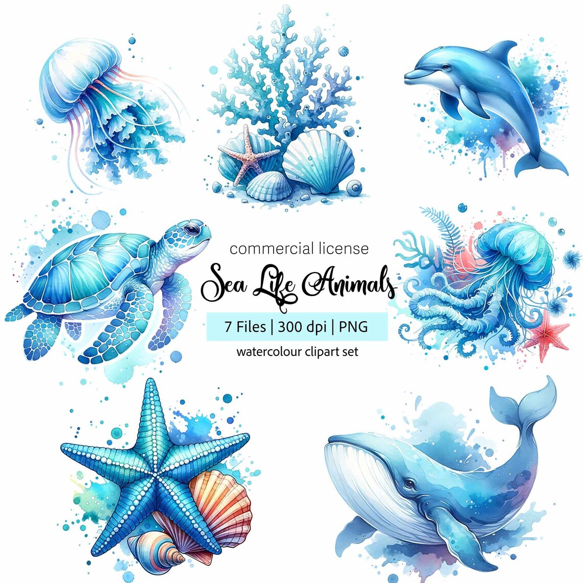 Sealife Watercolor Clipart Bundle, Ocean Theme Illustrations, Sea Animals PNG, Jellyfish, Cute ...