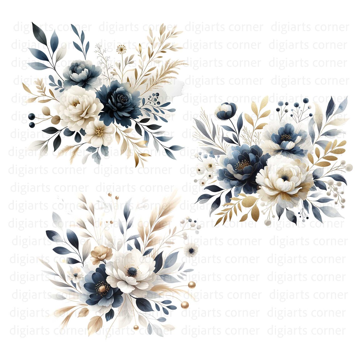 Navy Gold Floral Clipart: Watercolor Flower PNG Set (digital Download ...