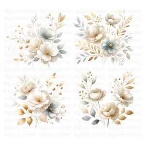 Ivory Gold Flowers PNG, Watercolour Floral Clipart, Ivory Floral Wreath ...
