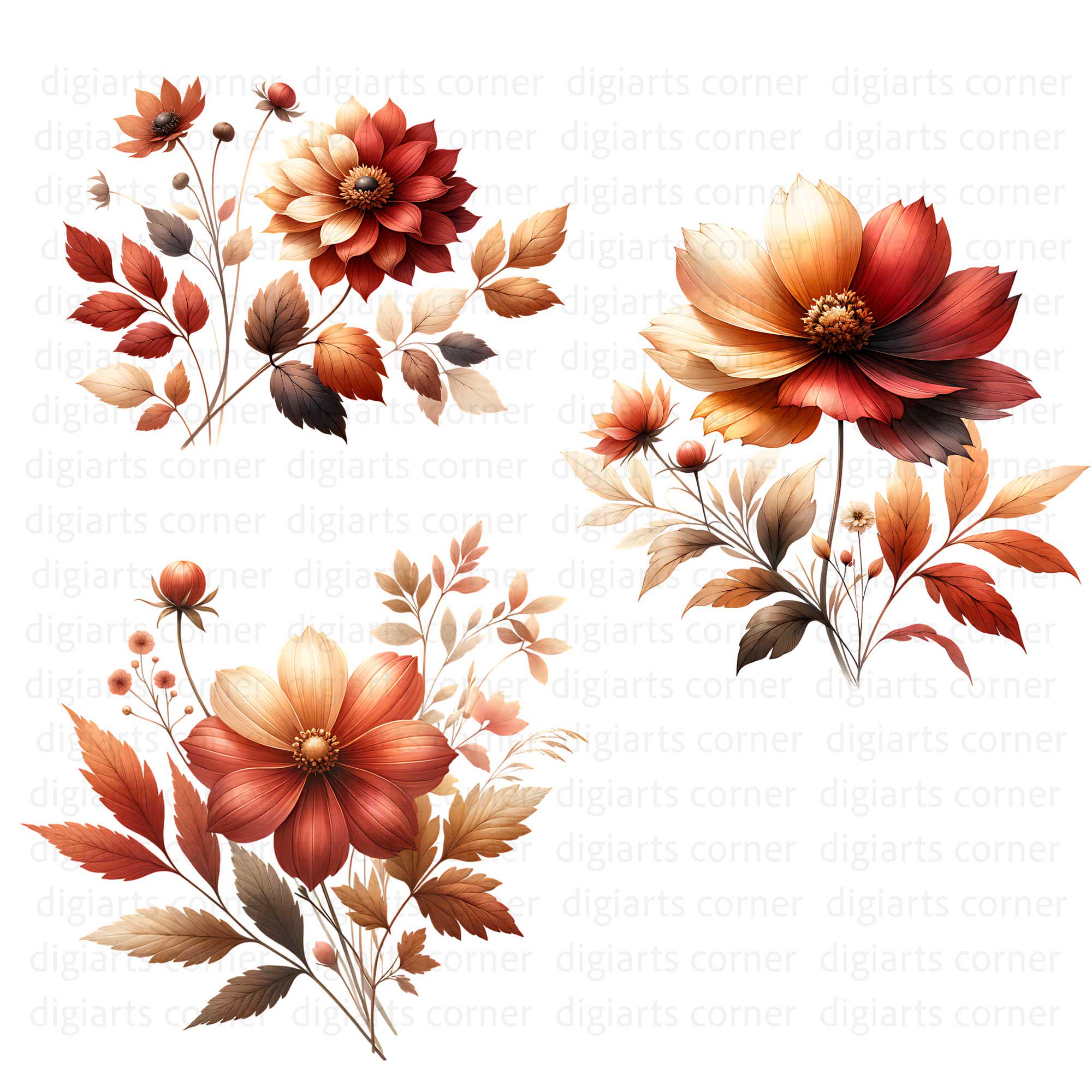 Fall Floral Clipart, Fall Bouquets PNG, Autumn Floral Clipart, Boho ...