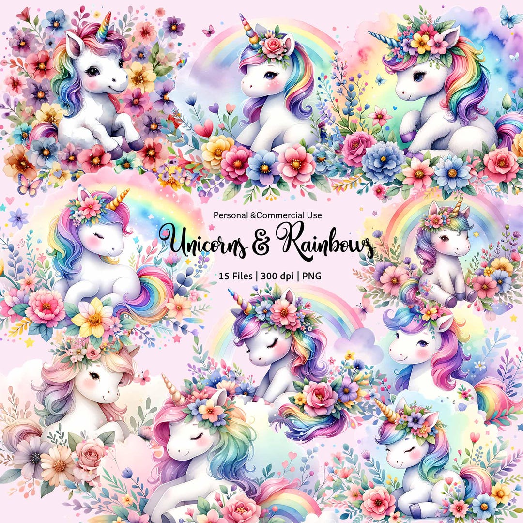 Watercolor Unicorn Clipart: Rainbow Flowers, Baby Unicorn PNG (digital ...