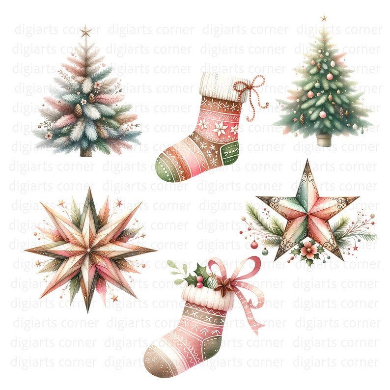 Pink Boho Christmas Clipart: Watercolor Santa, Stars, Snowflakes ...