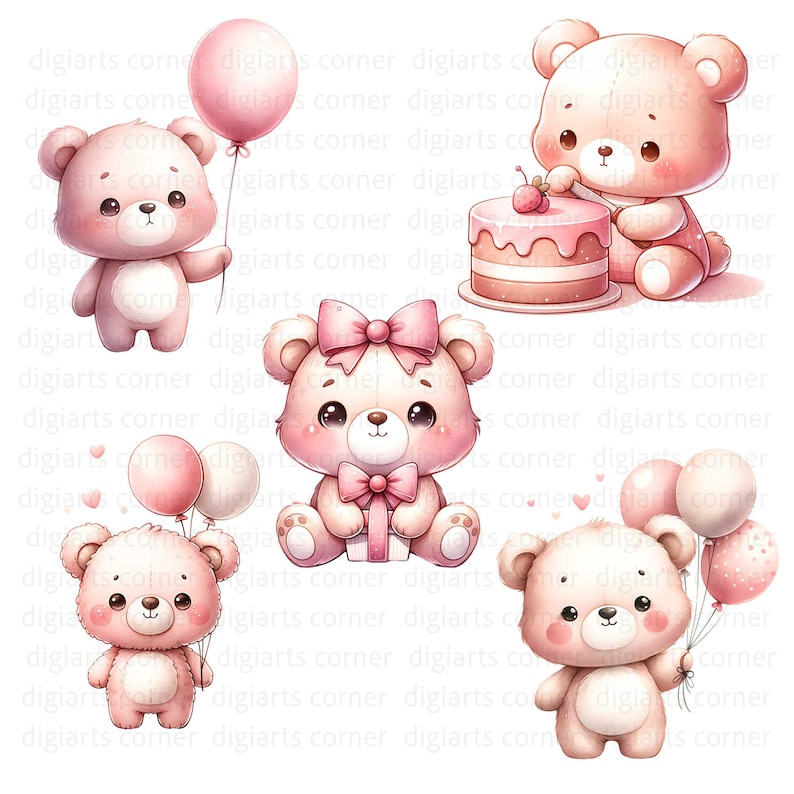 Pink Teddy Bear Clipart, Watercolor Pink Bear PNG, Cute Balloons Bear ...
