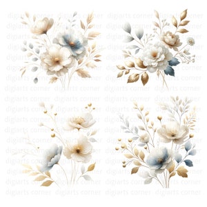 Ivory Gold Flowers PNG, Watercolour Floral Clipart, Ivory Floral Wreath ...