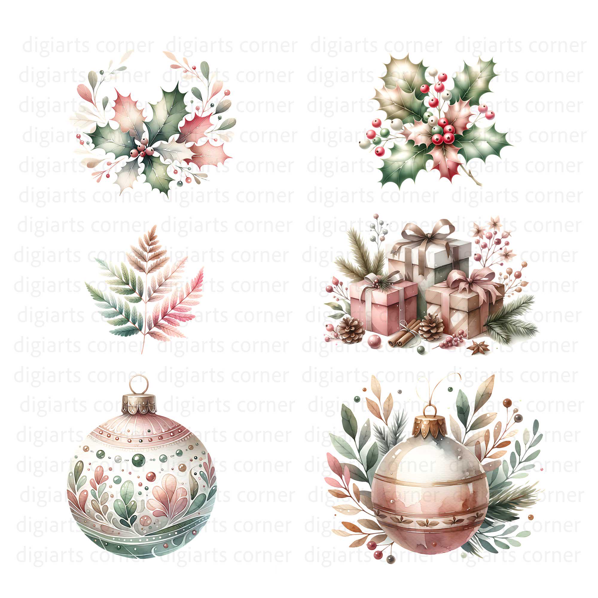 Pink Boho Christmas Clipart: Watercolor Santa, Stars, Snowflakes ...