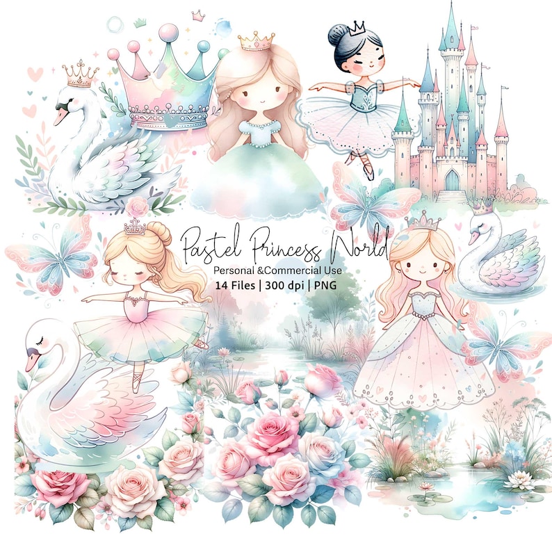 Watercolor Princess Clipart: Pastel Castle, Swan, Roses (digital ...