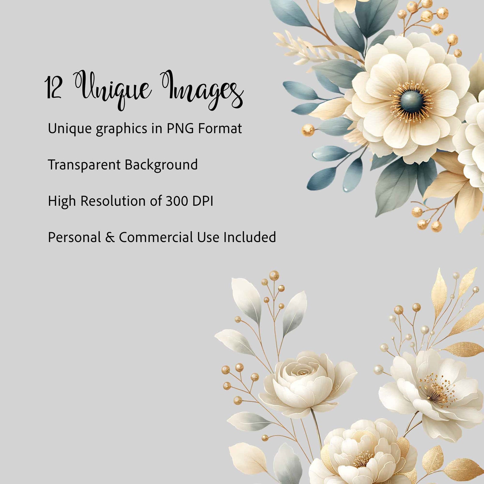 Ivory Gold Flowers PNG, Watercolour Floral Clipart, Ivory Floral Wreath ...