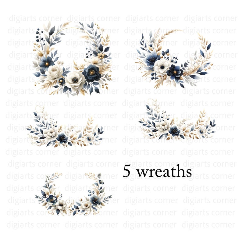 Navy Gold Floral Clipart: Watercolor Flower PNG Set (digital Download ...