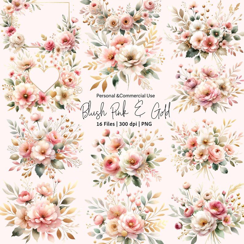 Pink Gold Flowers Watercolor Clipart, Boho Flower Bunch, Blush Pink ...
