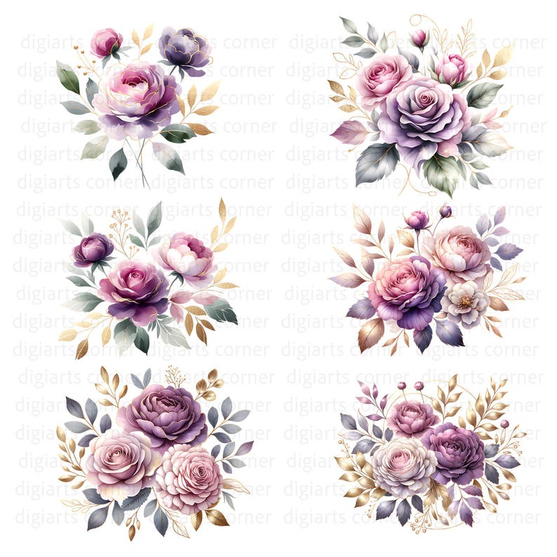 Purple Gold Flowers PNG, Floral Watercolour Clipart, Purple Pink Roses ...