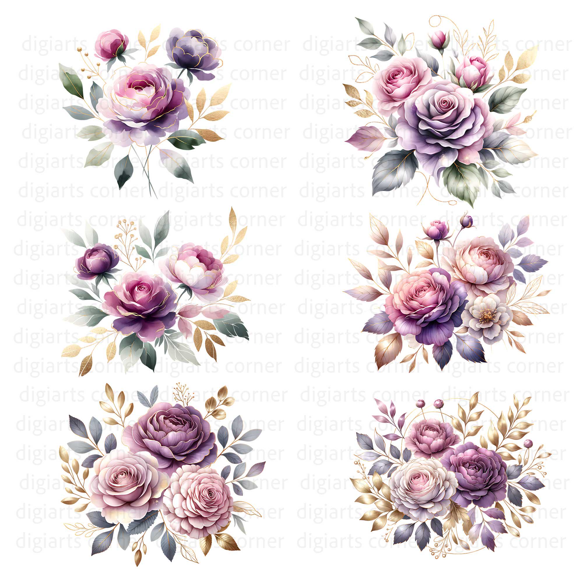 Purple Gold Flowers PNG, Floral Watercolour Clipart, Purple Pink Roses ...