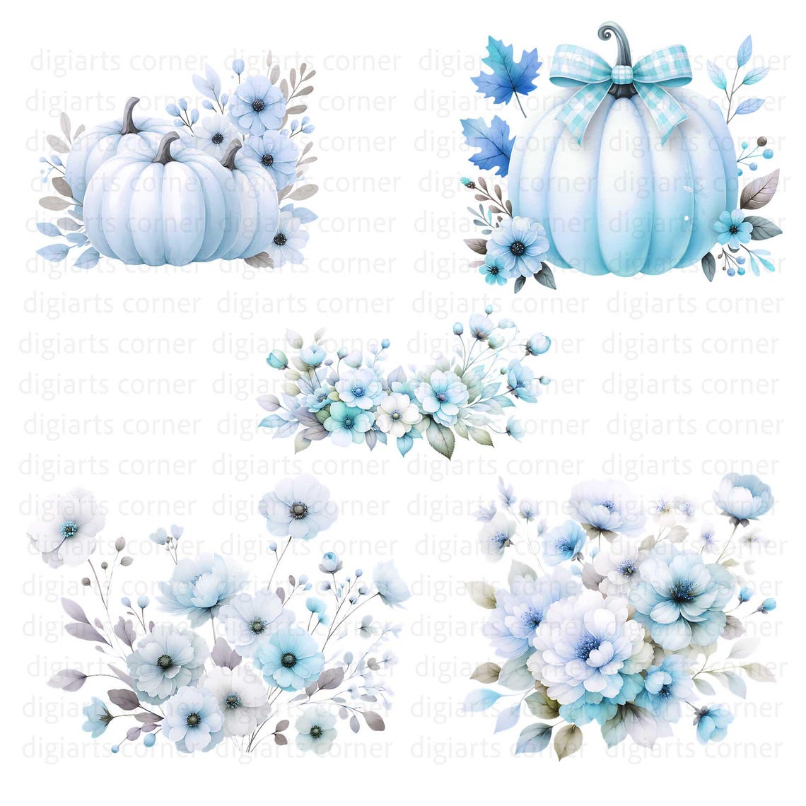 Blue Pumpkin Clipart, Watercolour Pumpkin, Pastel Blue Pumpkin PNG, Bow ...