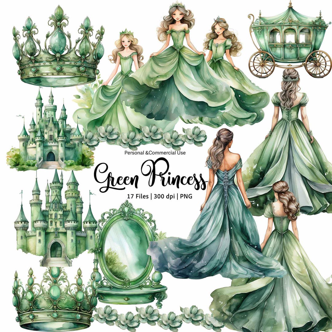 Green Princess Clipart: Emerald Queen, Fairy Tale Graphics (digital ...