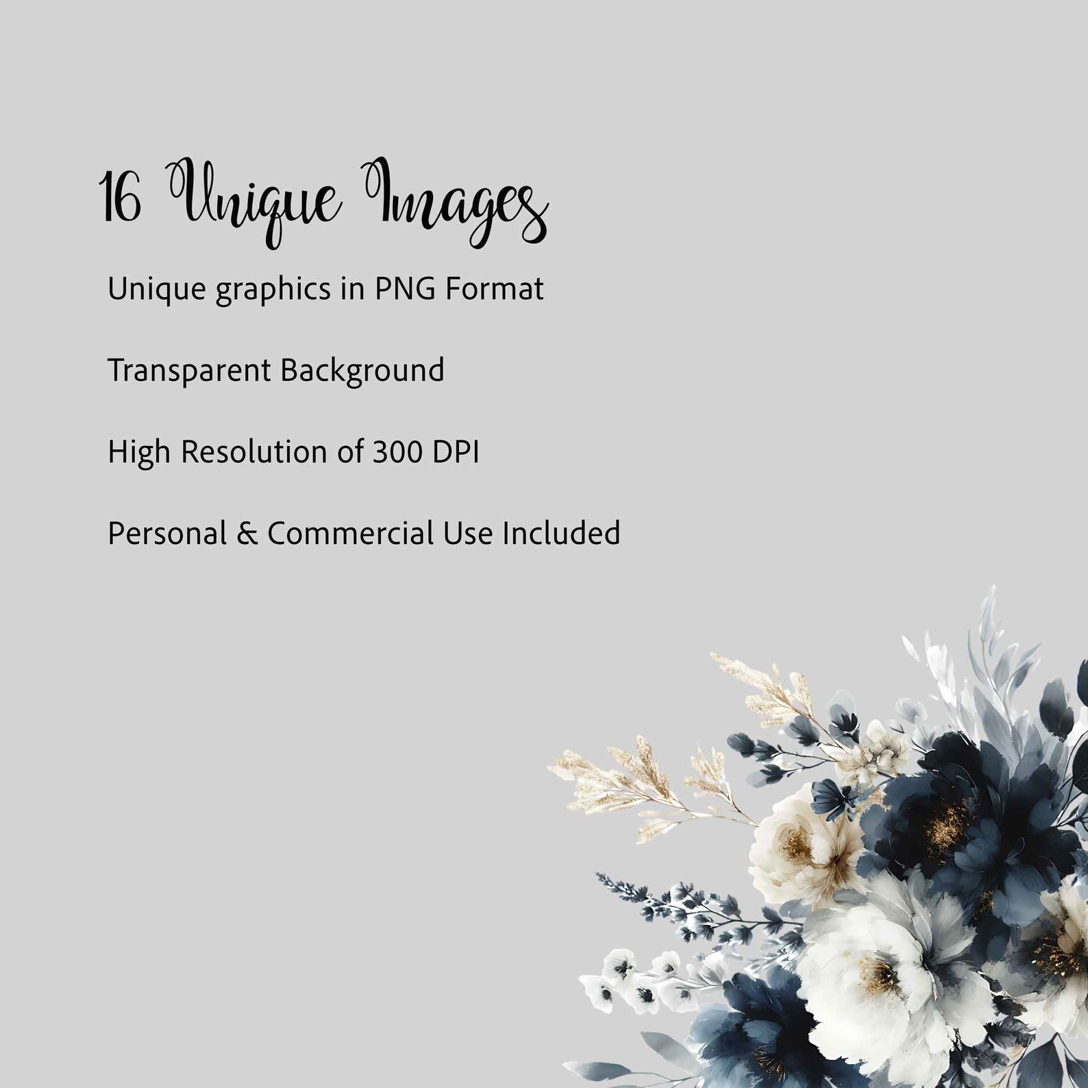 Navy Gold Floral Clipart: Watercolor Flower PNG Set (digital Download ...