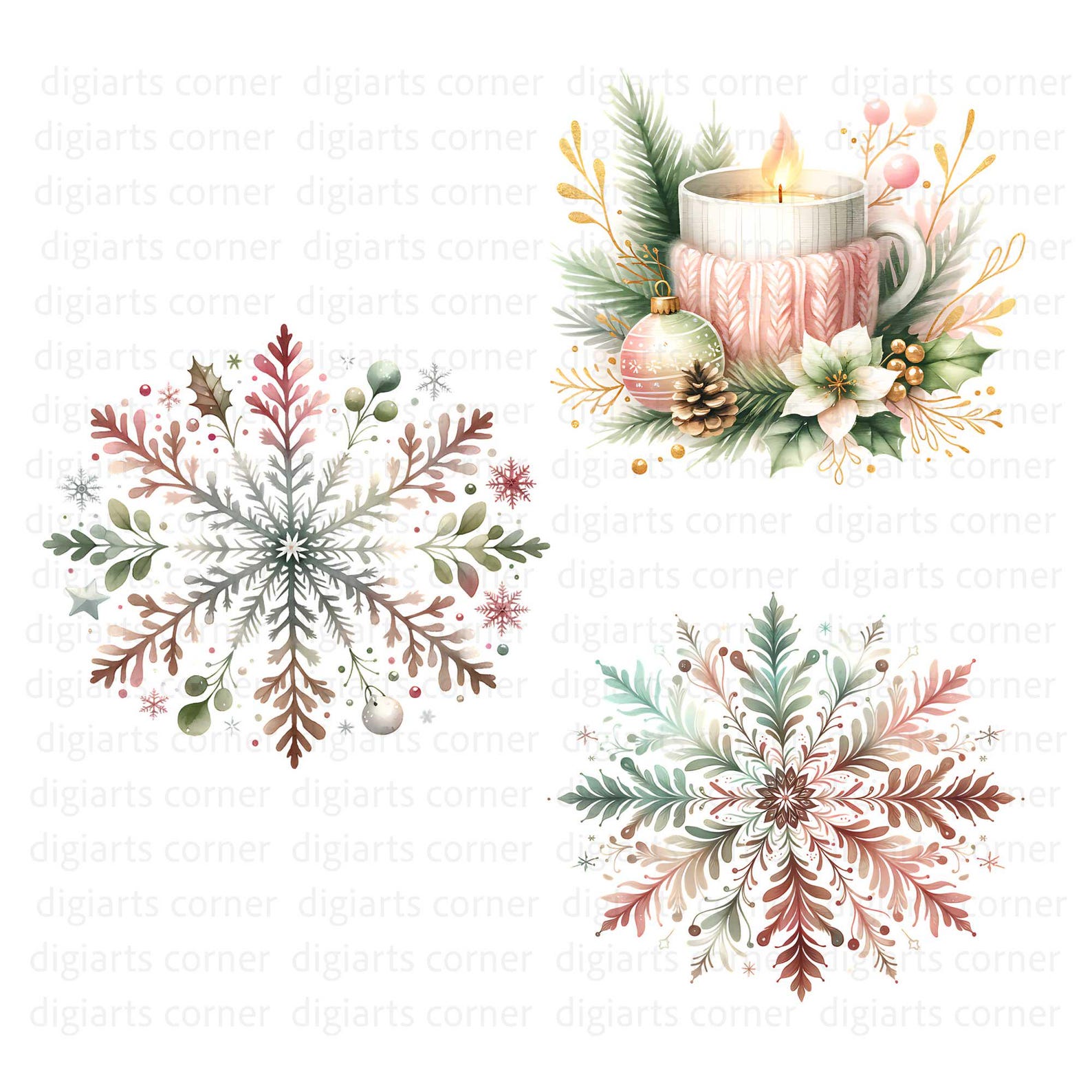 Pink Boho Christmas Clipart: Watercolor Santa, Stars, Snowflakes ...