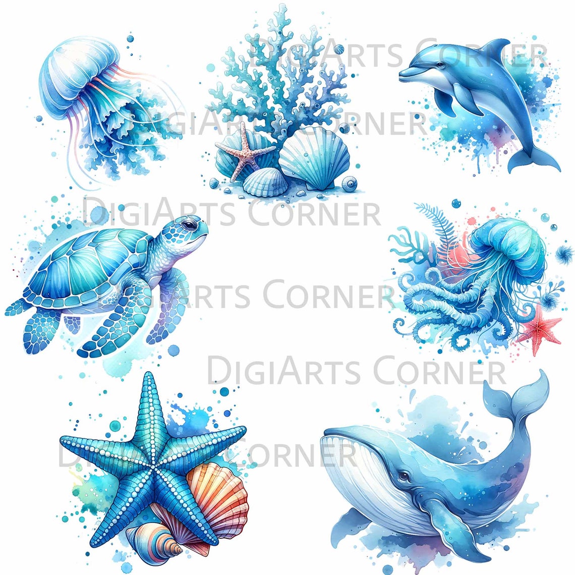 Sealife Watercolor Clipart Bundle, Ocean Theme Illustrations, Sea ...