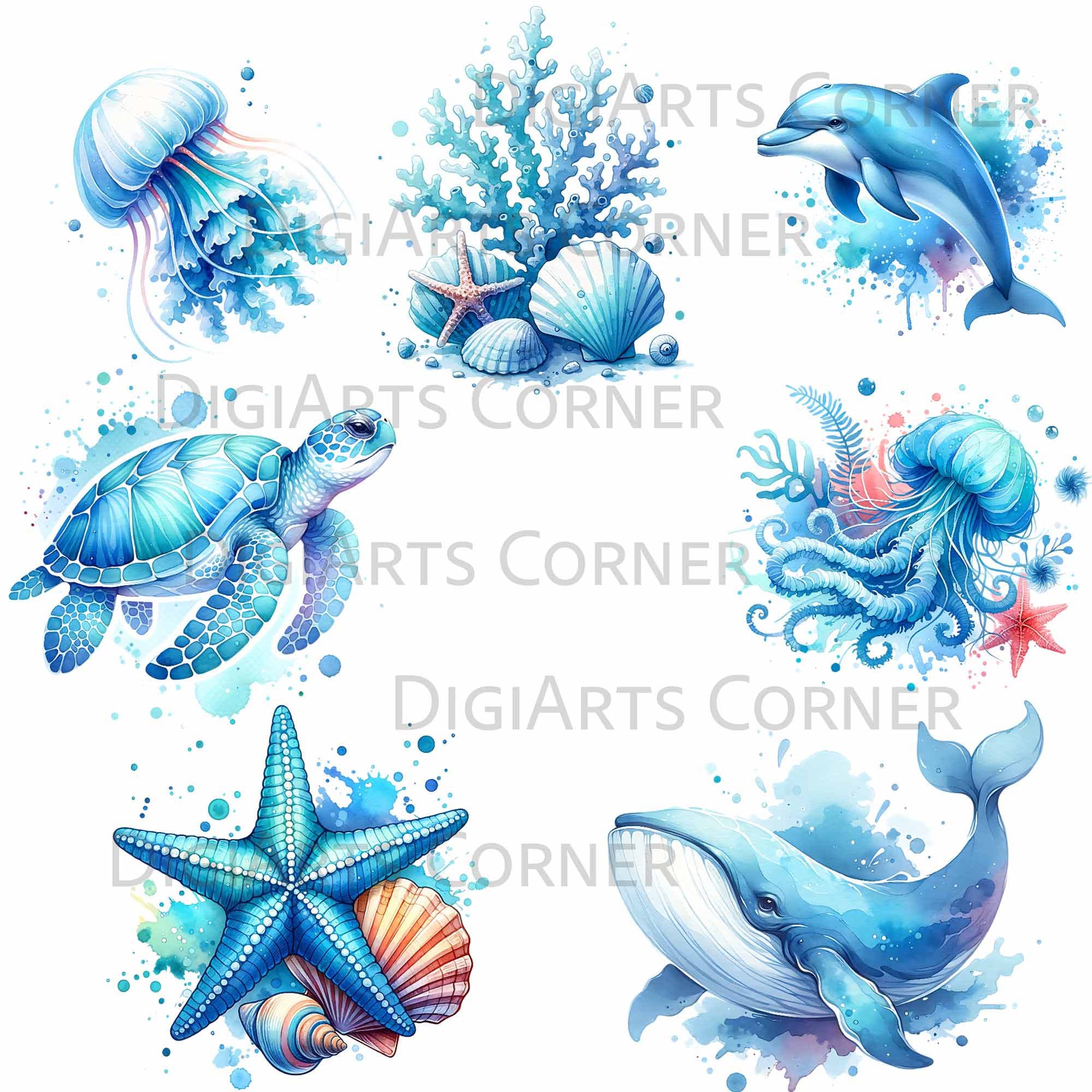 Sealife Watercolor Clipart Bundle, Ocean Theme Illustrations, Sea ...