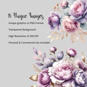 Purple Gold Flowers PNG, Floral Watercolour Clipart, Purple Pink Roses ...