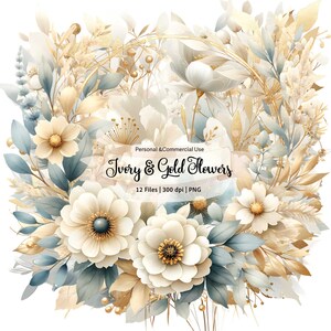 Ivory Gold Flowers PNG, Watercolour Floral Clipart, Ivory Floral Wreath ...
