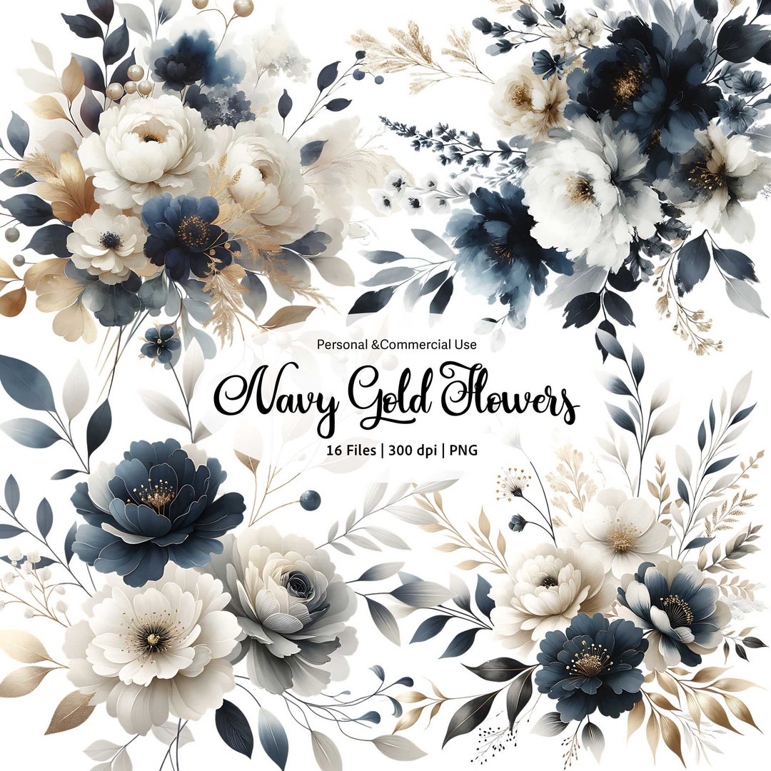 Navy Gold Floral Clipart: Watercolor Flower PNG Set (digital Download ...