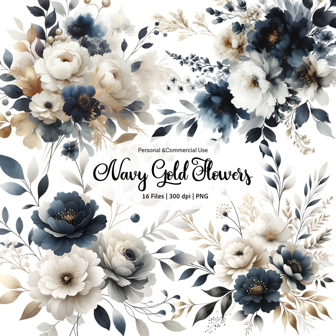 Navy Gold Floral Clipart: Watercolor Flower PNG Set (digital Download ...