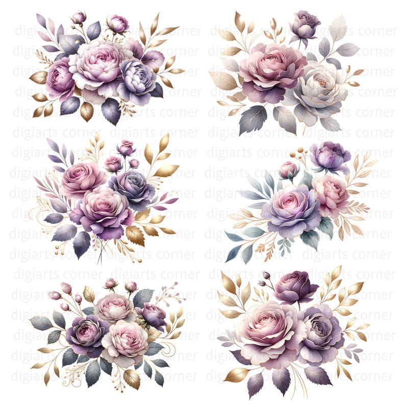 Purple Gold Flowers PNG, Floral Watercolour Clipart, Purple Pink Roses ...