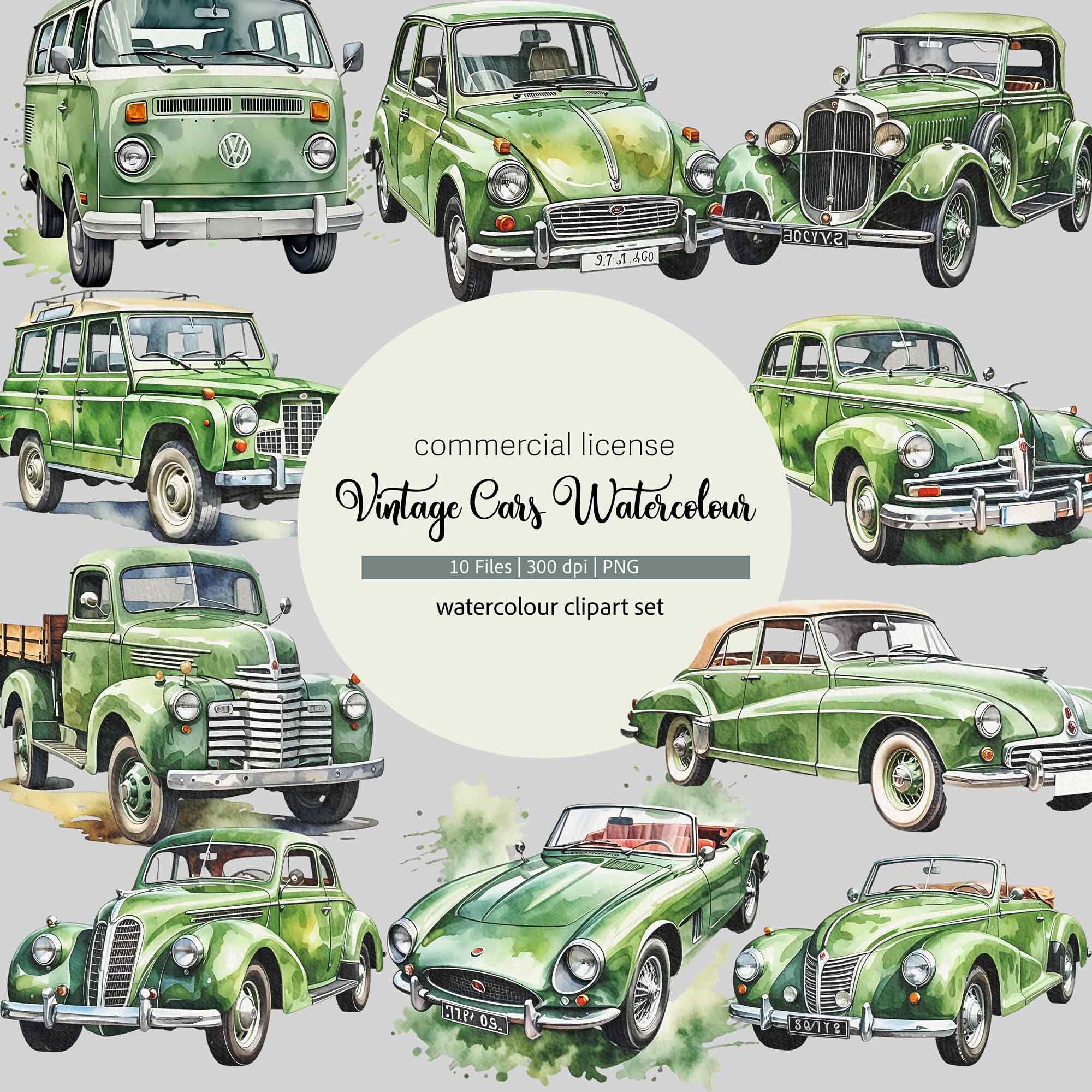 Vintage Car Watercolor Clipart Bundle, Set of 10 Classic Cars ...