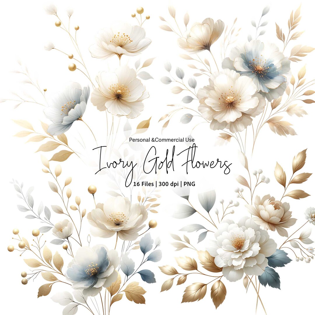 Ivory Gold Flowers PNG, Watercolour Floral Clipart, Ivory Floral Wreath ...