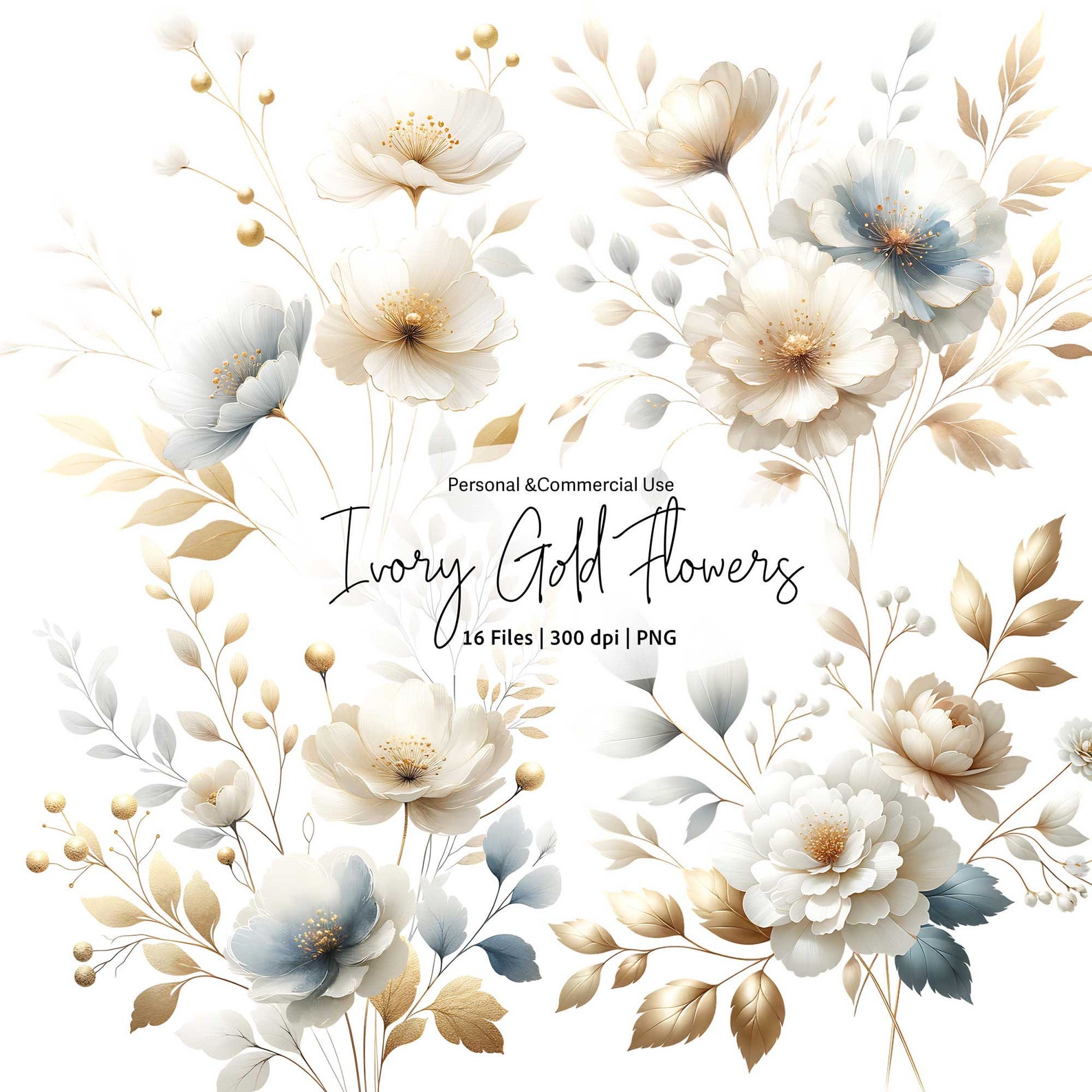 Ivory Gold Flowers PNG, Watercolour Floral Clipart, Ivory Floral Wreath ...