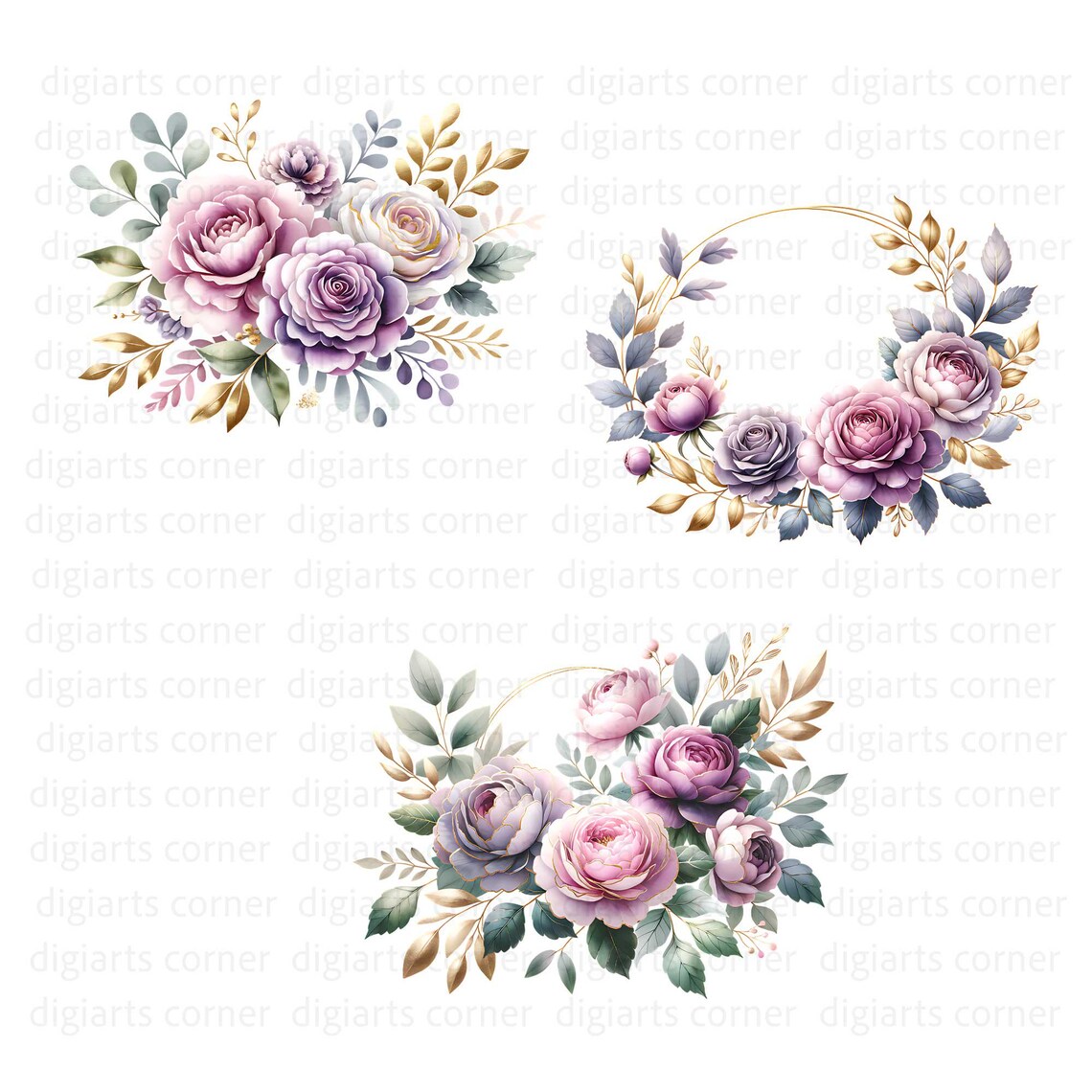 Purple Gold Floral Watercolor Clipart: Roses Bouquet, Wreath (PNG ...