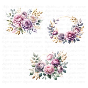 Purple Gold Flowers PNG, Floral Watercolour Clipart, Purple Pink Roses ...