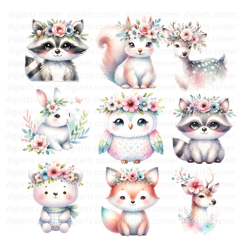 Woodland Animals Watercolor Clipart, Cute Floral Animals, Woodland ...