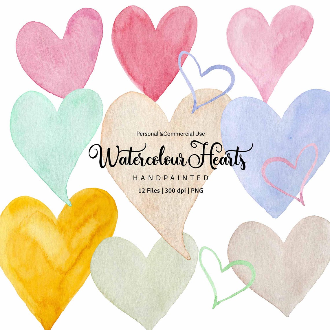 Watercolor Hearts Clipart: Rainbow PNG Graphics, Valentine's Day ...