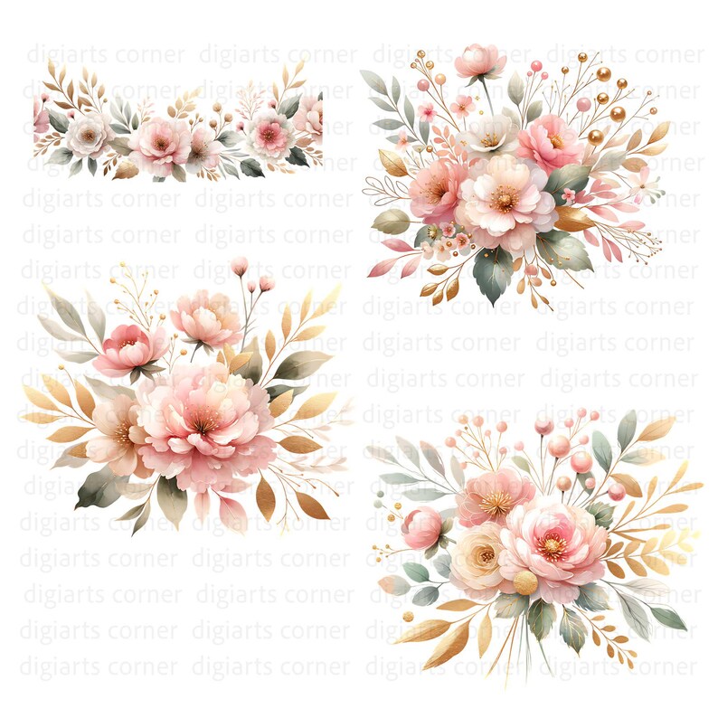 Pink Gold Flowers Watercolor Clipart, Boho Flower Bunch, Blush Pink ...