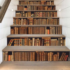 Vintage Library Book Spine Stair Decals: Peel & Stick Bookshelf Design ...