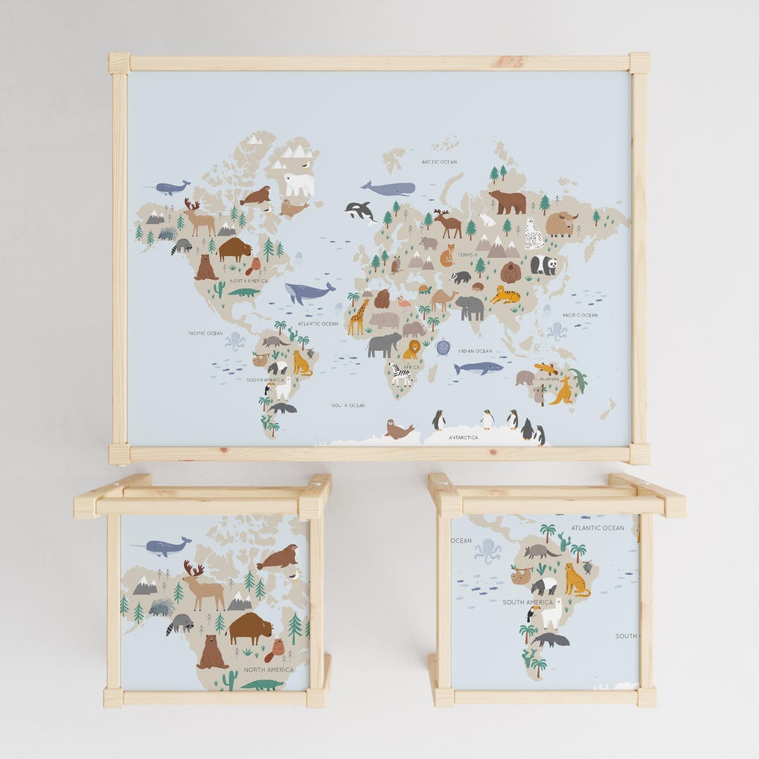 Educational World Map Animal Decals for IKEA LATT Table & Chairs ...