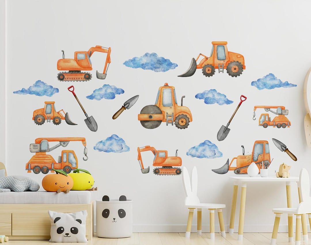 Construction Trucks Wall Decals for Kids Room Watercolor Excavator Wall ...