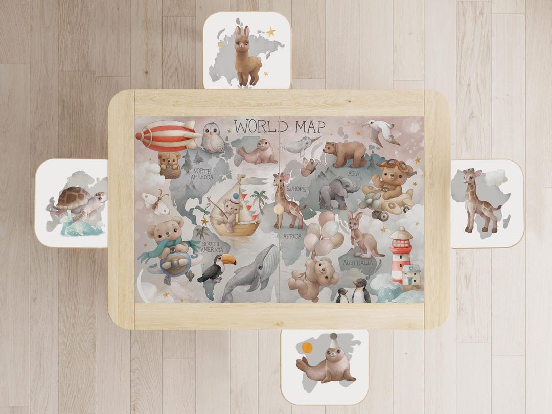 World Map Stickers for IKEA Flisat, Educational Animal Table Decals ...