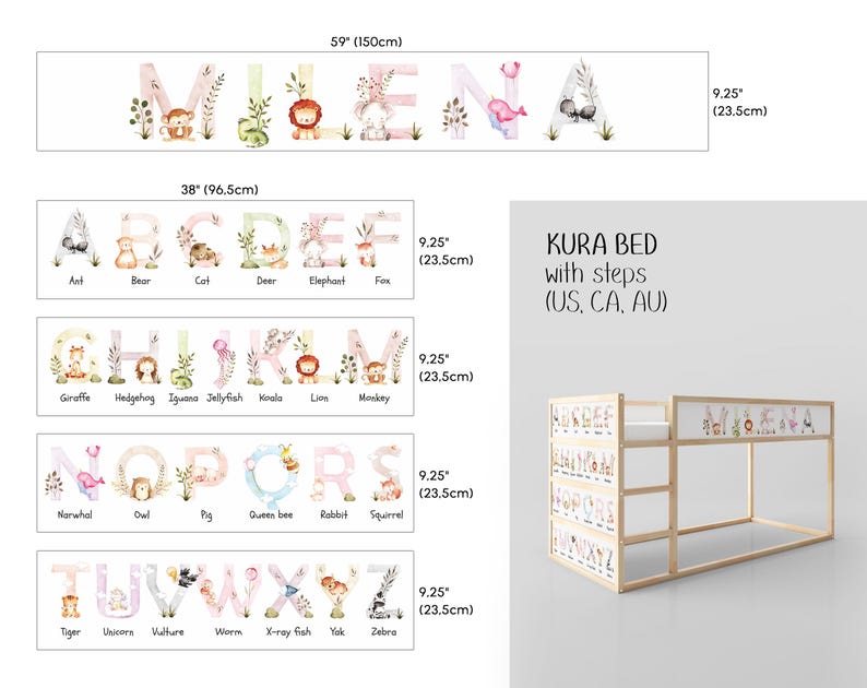 Montessori ABC Animals Ikea Kura Bed Sticker , Custom Nursery Decor for ...