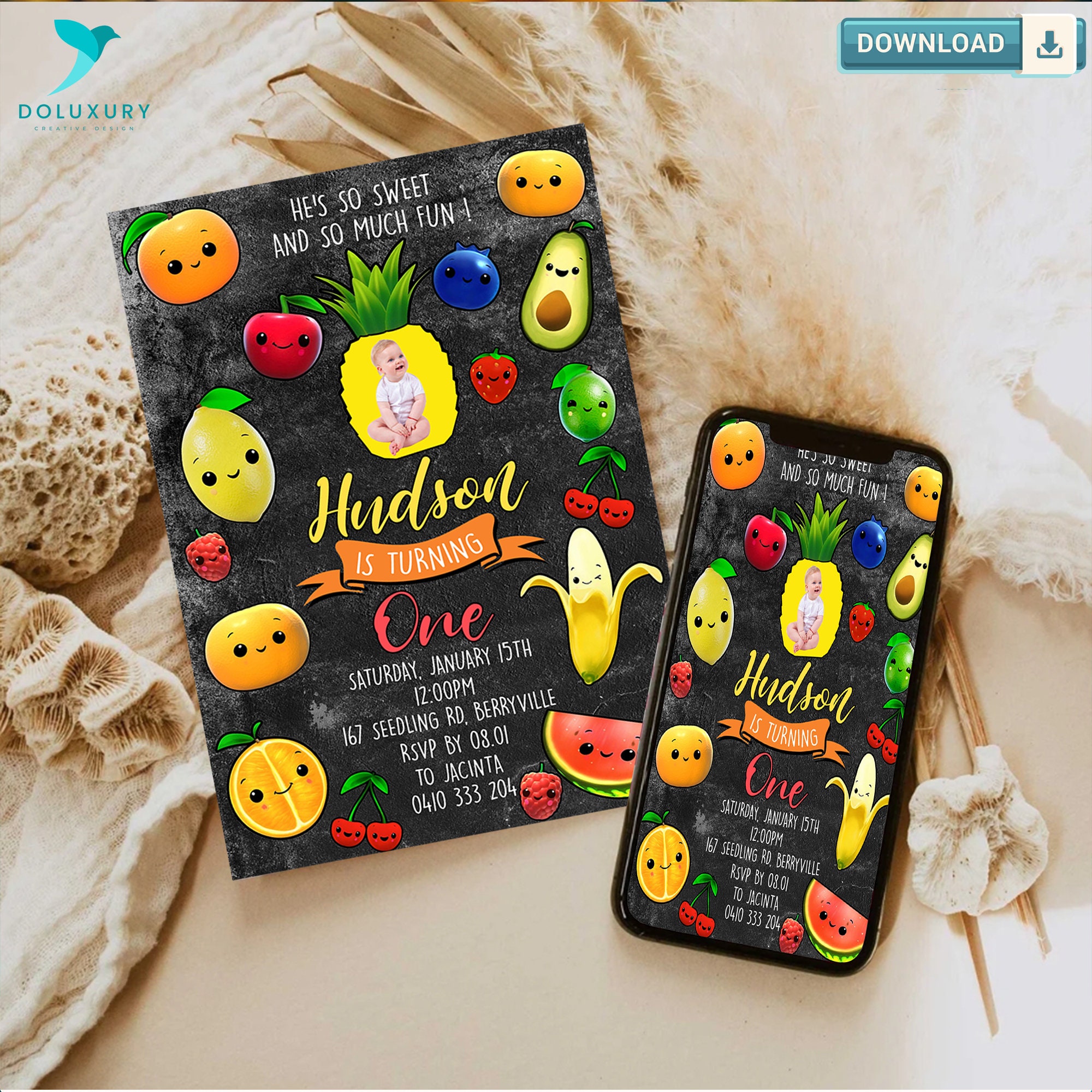 Printable Hey Bear Sensory Birthday Invitation, Custom Dancing Fruit ...