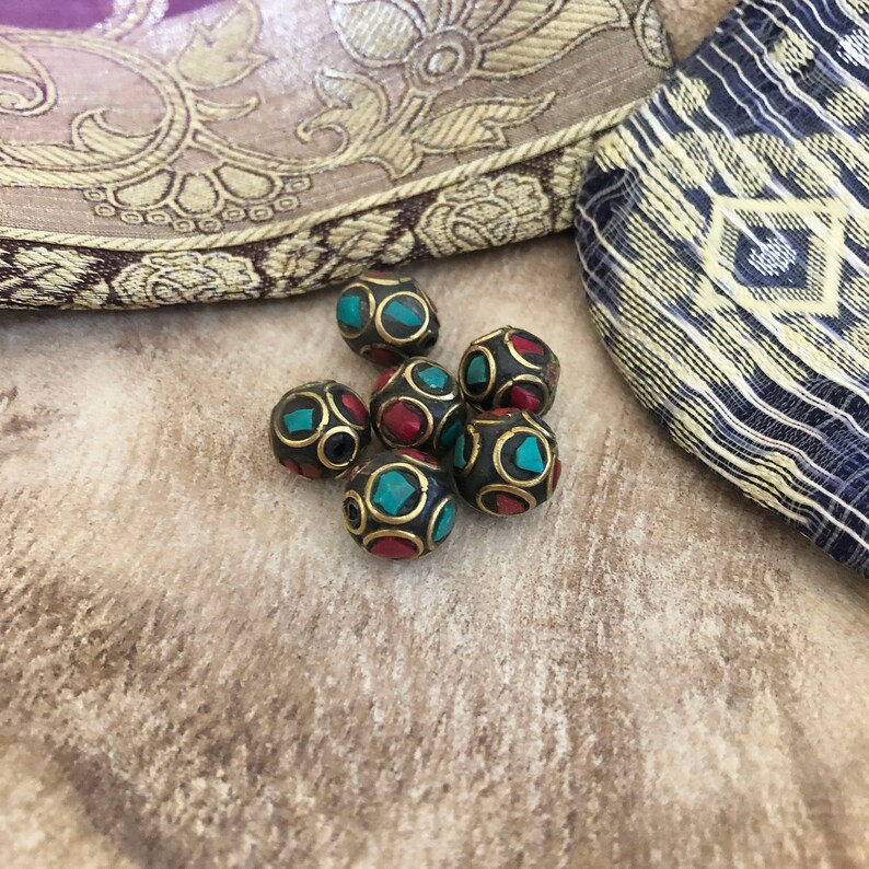 Artisanal Tibetan Brass Beads W/ Coral & Turquoise Inlay - Etsy