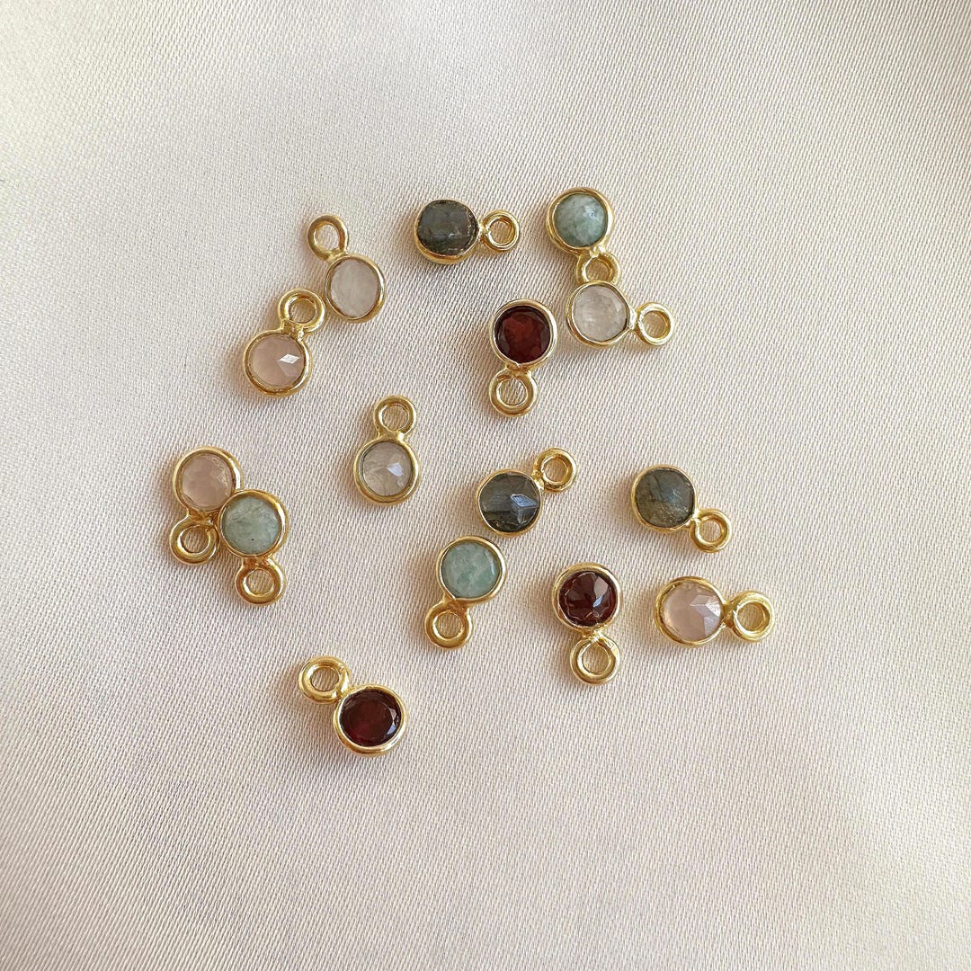 Tiny Gemstone Gold Charm, Round Labradorite Moonstone Garnet Rose ...