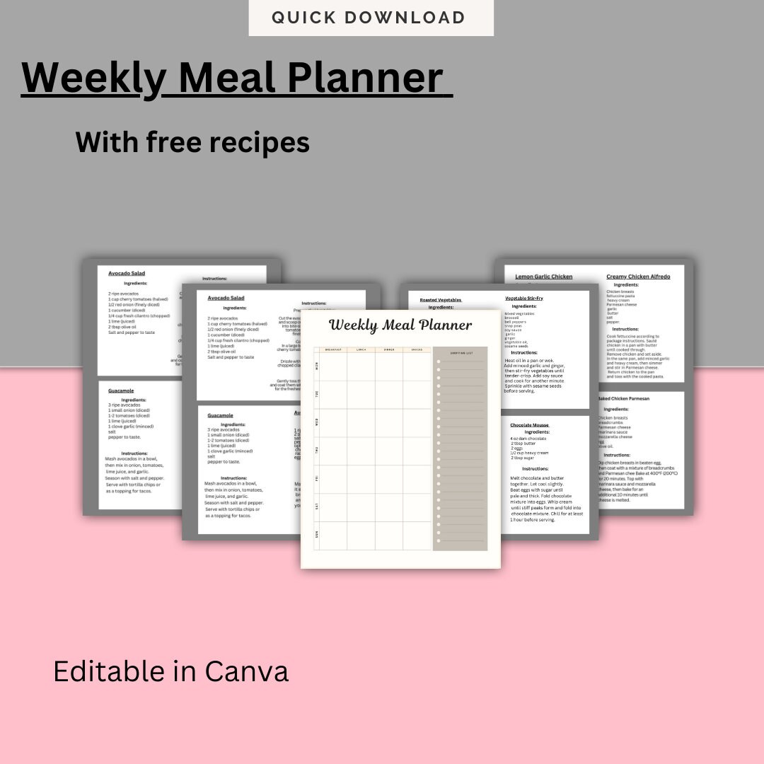 Weekly Meal Planner, Printable Planner, Minimalist Food Plan, Weekly ...